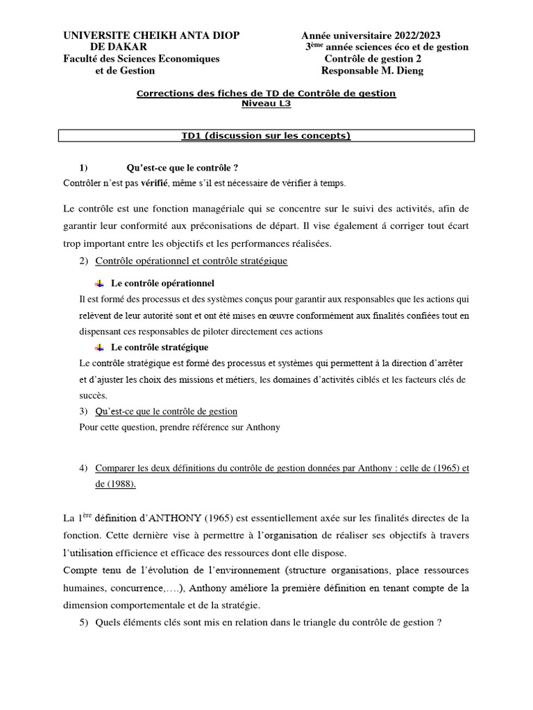TD1 correction - ontr鬺e de gestion 2 L3 | PDF | Économie | Économie