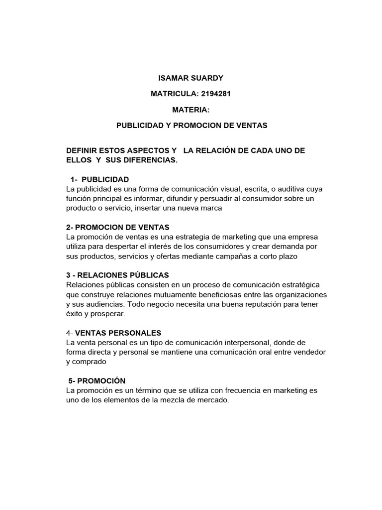 Isamar Suardy Trabajo Promocion Publicidad y Ventas 14 Feb | PDF | Publicidad | Marketing