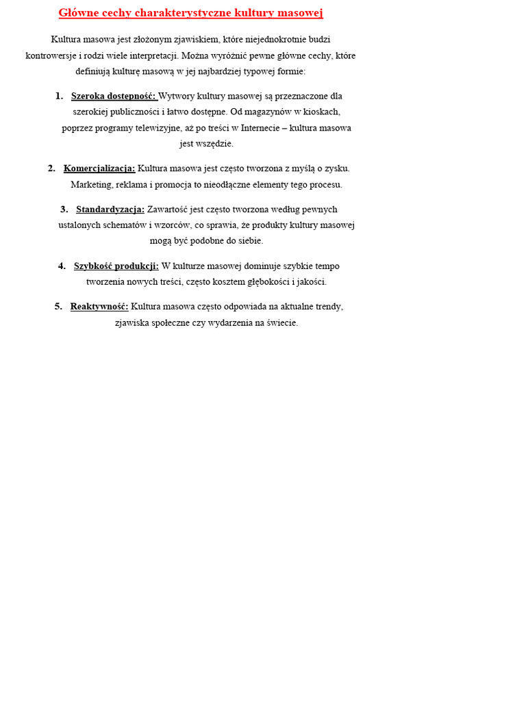Główne Cechy Charakterystyczne Kultury Masowej | PDF