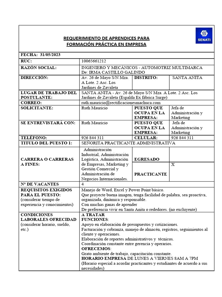 Formato Requerimiento de Practicantes - FPE - Practicante ...