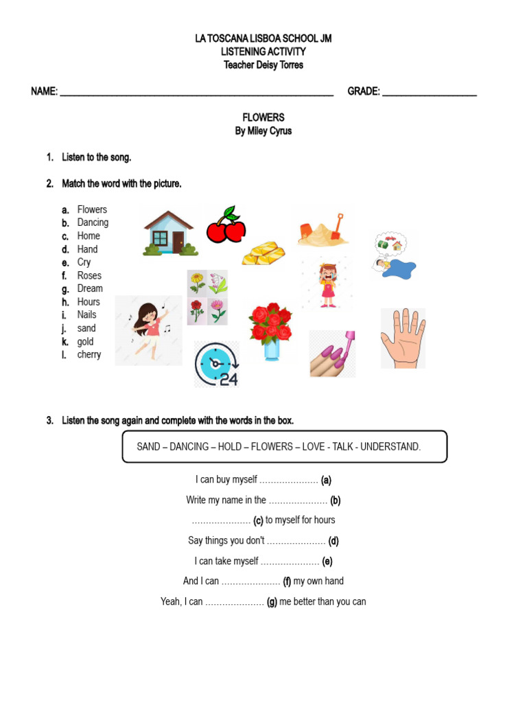 Listening Activity: "Flowers" by Miley Cyrus | PDF | Language Arts ...