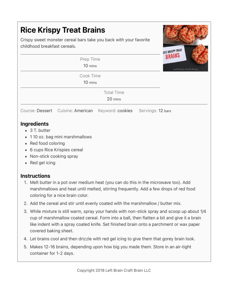 Rice Krispy Treat Brains - Left Brain Craft Brain | PDF | Cooking, Food ...