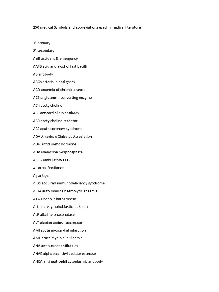 250 Medical Symbols and Abbreviations Used in Medical Literature | PDF | Myocardial Infarction ...
