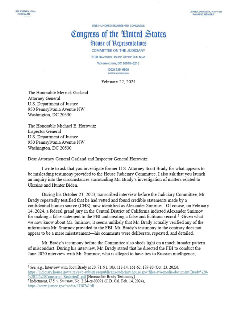 Nadler Letter To Garland + Horowitz | PDF | Federal Government Of The ...