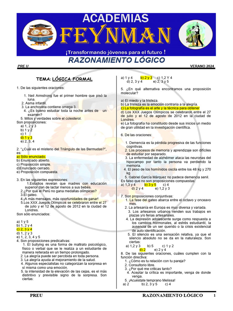 Raz. Lógico - Semana 01 Preu | PDF | Proposición