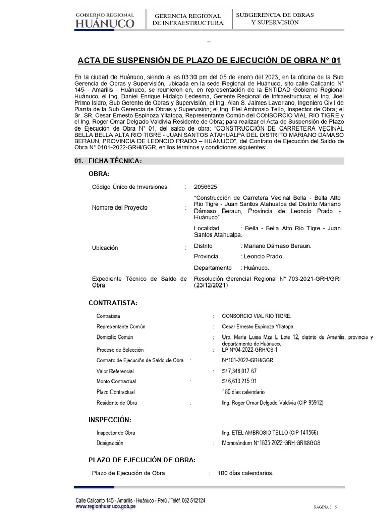Acta de Suspensión de Plazo de Ejecucuión de Obra #01 - Bella Bella | PDF