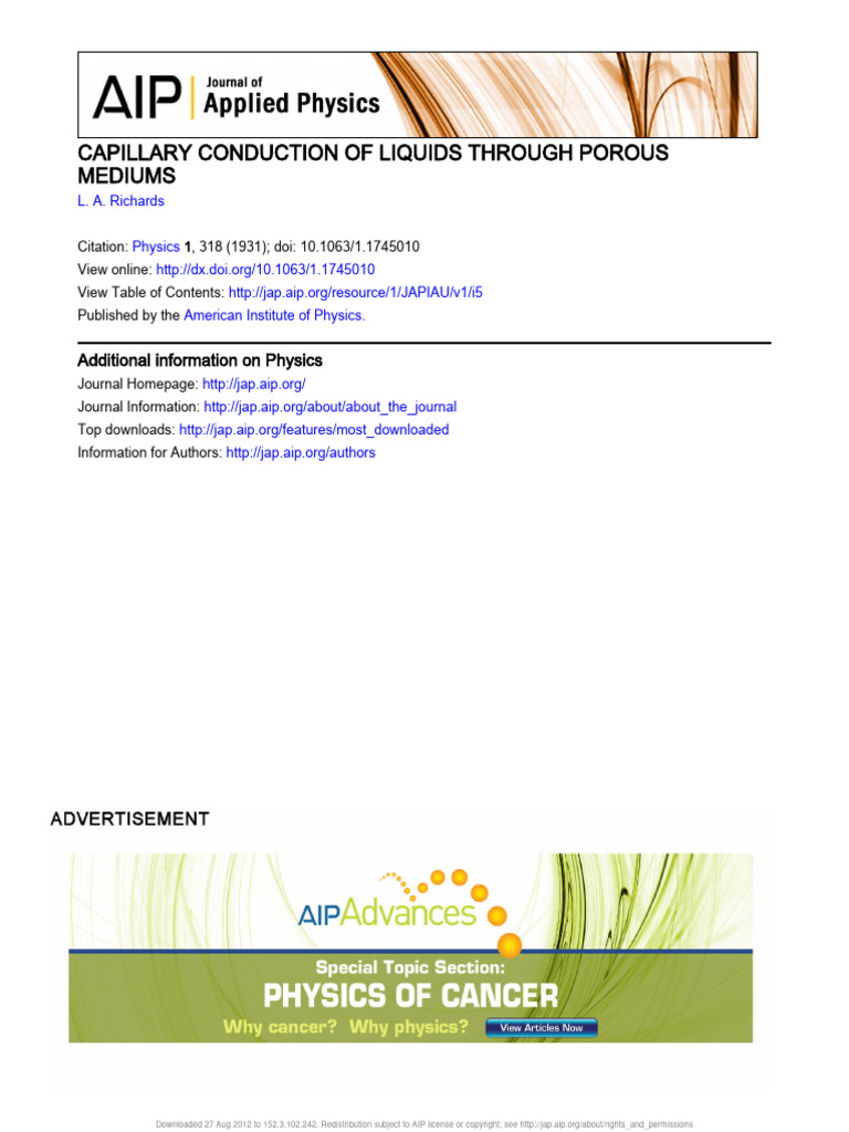 Capillary Conduction of Liquids Through Porous Mediums | PDF