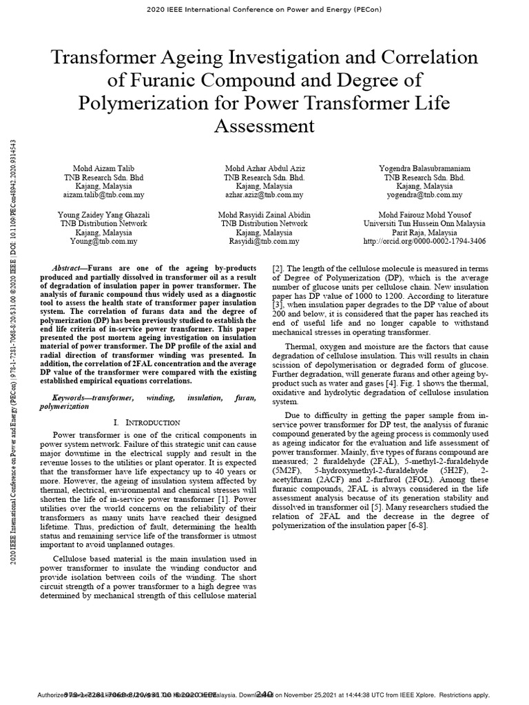 Transformer Ageing Investigation and Correlation of Furanic Compound ...
