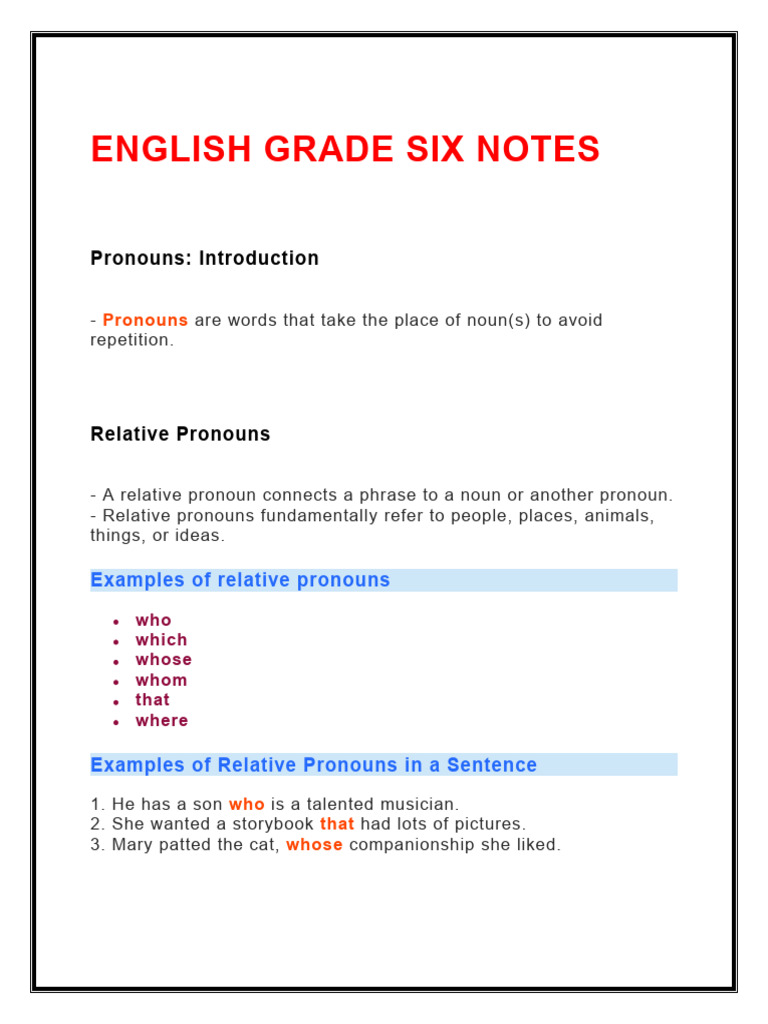 G6 English Grade Notes | PDF | Adjective | Pronoun