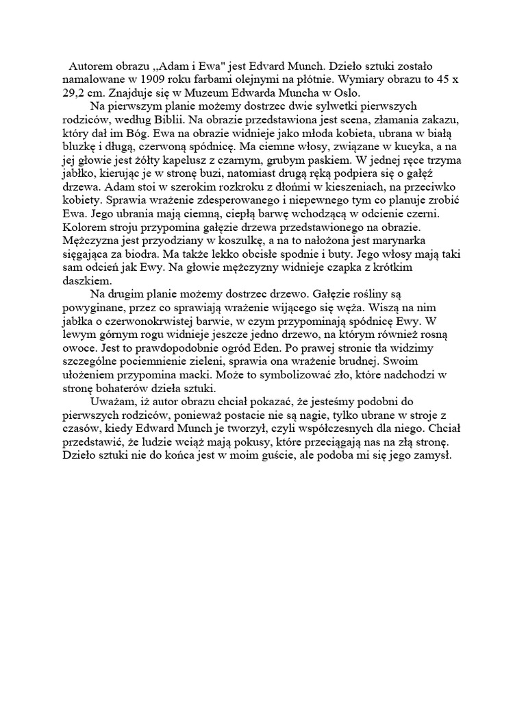 Adam I Ewa - Opis Dzieła Sztuki | PDF