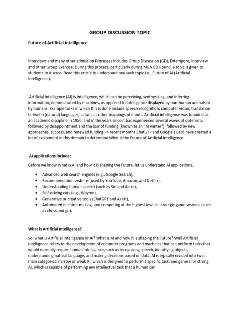 Group Discussion Topic | PDF | Artificial Intelligence | Intelligence ...