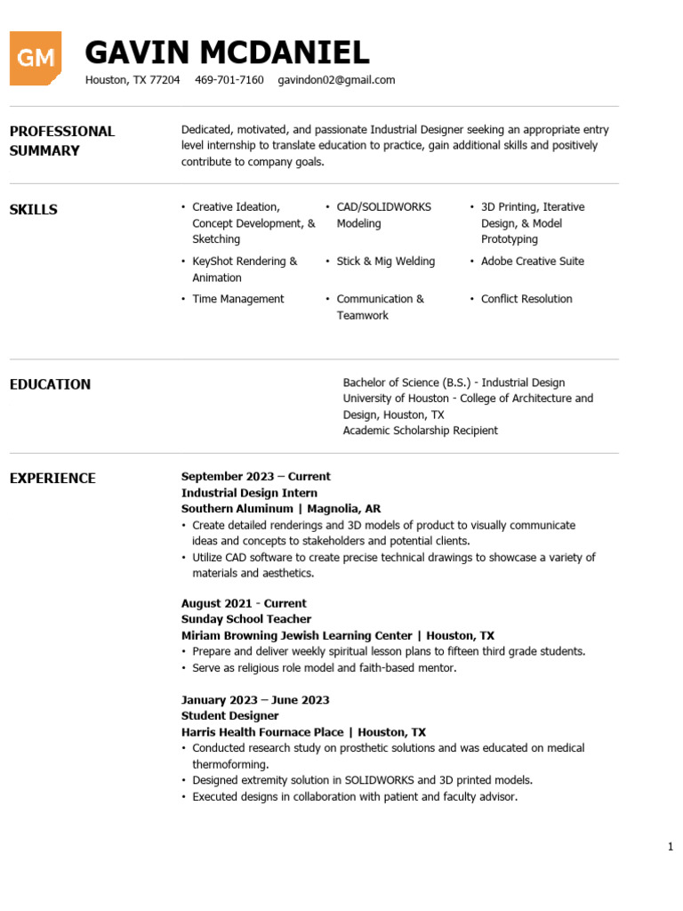 Gavin McDaniel Resume | Download Free PDF | 3 D Printing