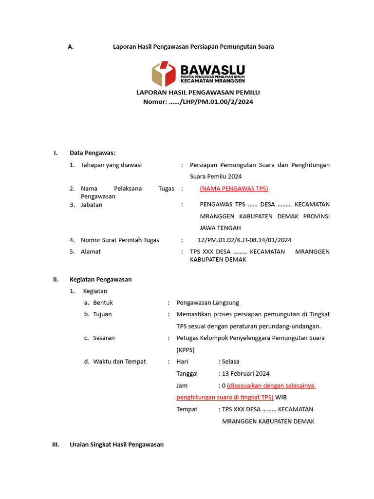 FORM A Laporan Hasil Pengawasan Persiapan Pemungutan Suara | PDF