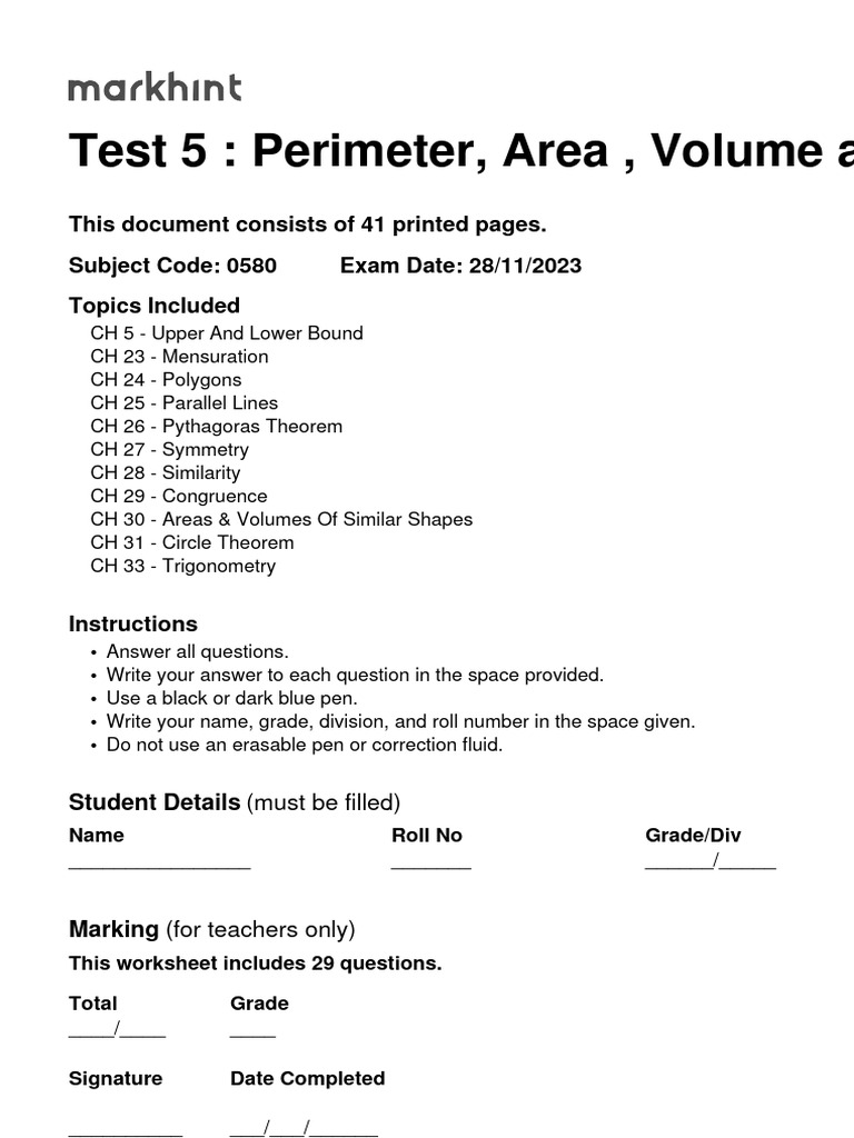 Test 5 - Perimeter, Area, Volume and Pythagoras | PDF | Area ...