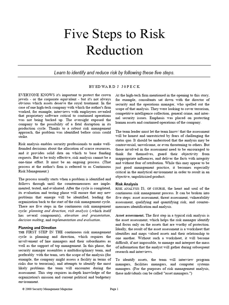 Five Steps To Risk Reduction | PDF | Risk | Risk Management