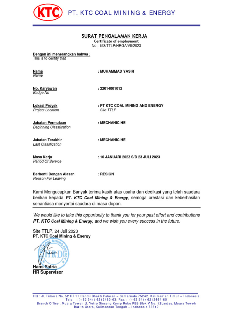 Surat Pengalaman Kerja KTC | PDF | Pengelolaan Keuangan & Uang | Teknologi & Rekayasa