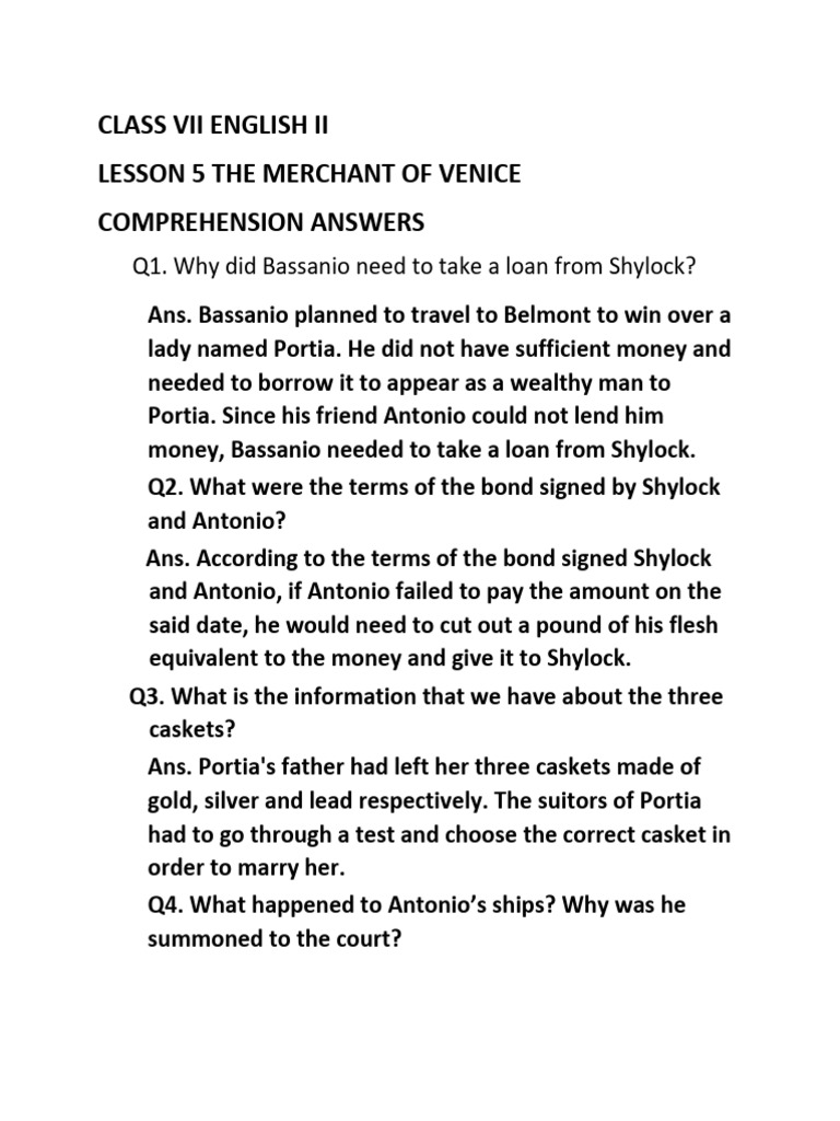 Class Vii English Ii Lesson 5 The Merchant of Venice Comprehension ...