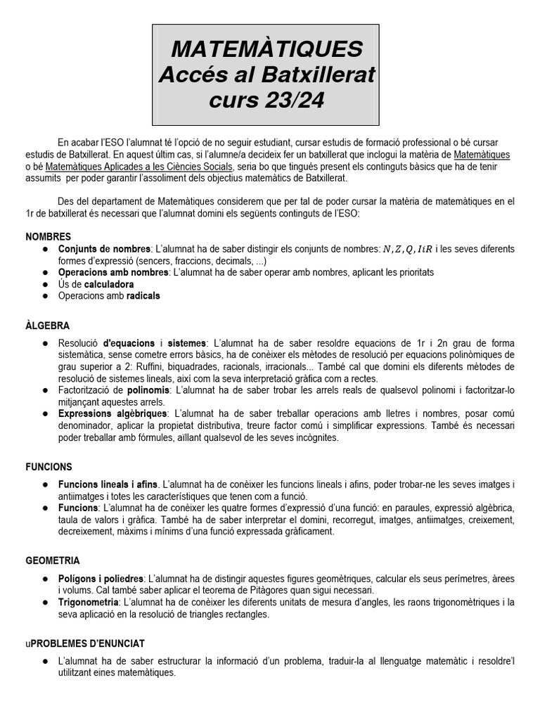 Mínims Per Batxillerat Matemàtiques 2023-2024 | PDF