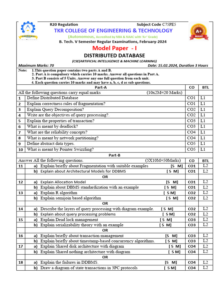 Model Paper - I: TKR College of Engineering & Technology | PDF