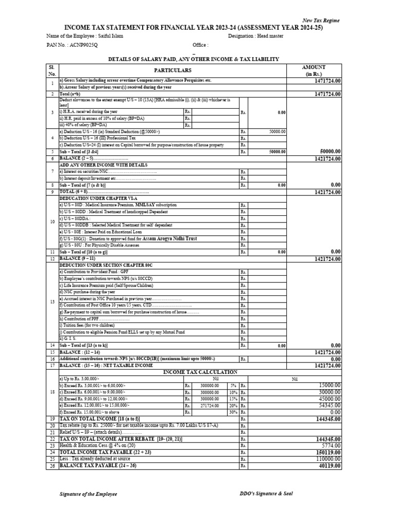 Income Tax Statement For Financial Year 2023-24 (Assessment Year 2024 ...