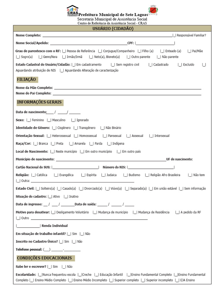 Prontuário Suas Cras Formulário 6 Paf | PDF | Parentesco | Deficiência ...