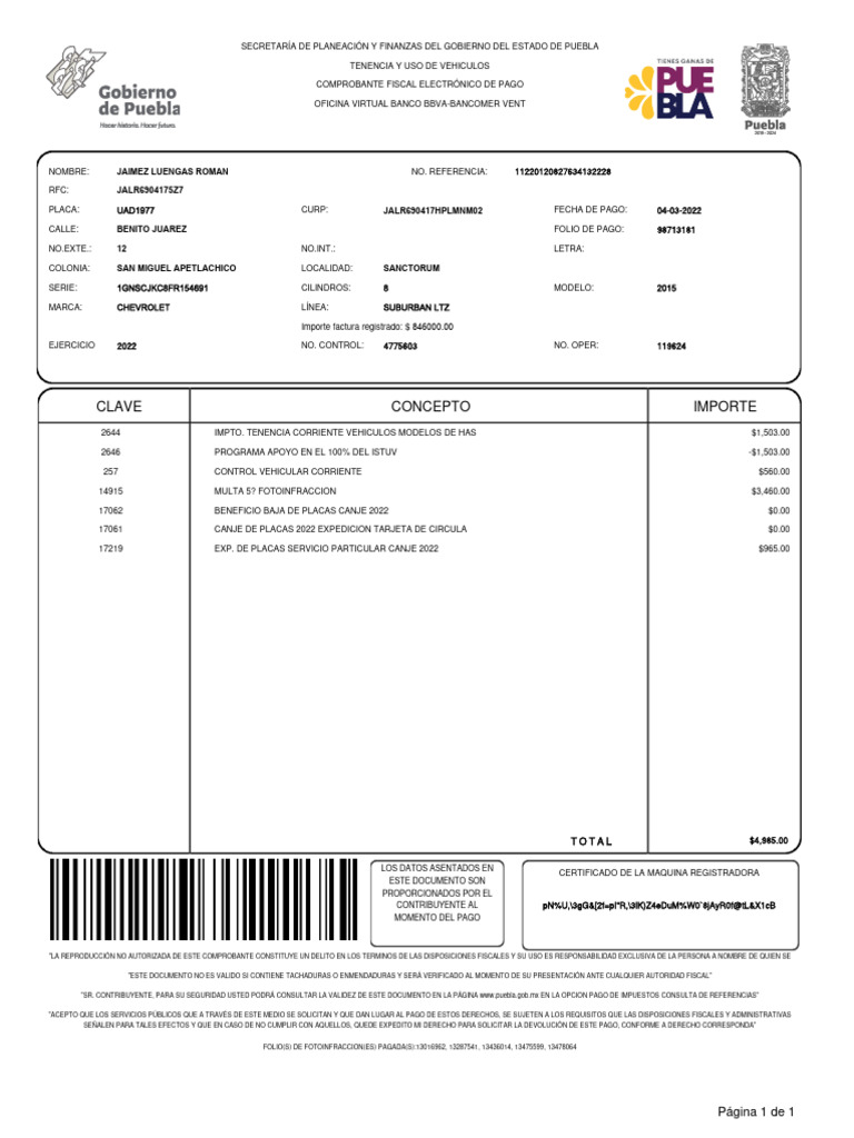 Comprobante De Pago De Tenencia Puebla Pdf