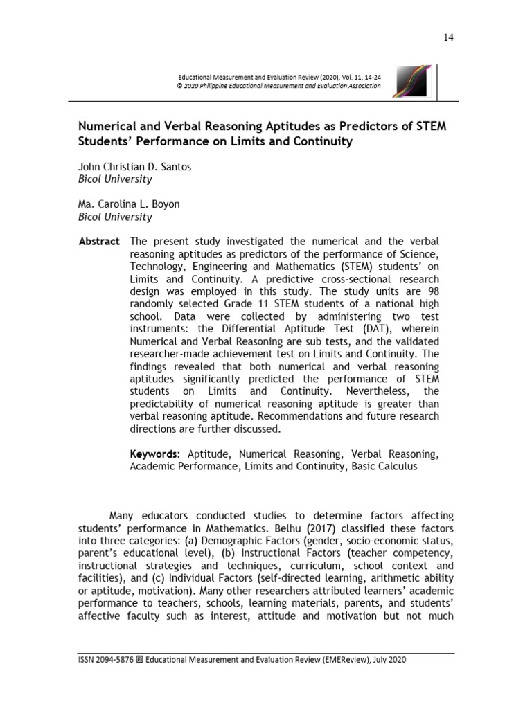 Numerical and Verbal Reasoning Aptitudes As Predictors of STEM Students ... Numerical and Verbal Reasoning Aptitudes As Predictors of STEM Students ...