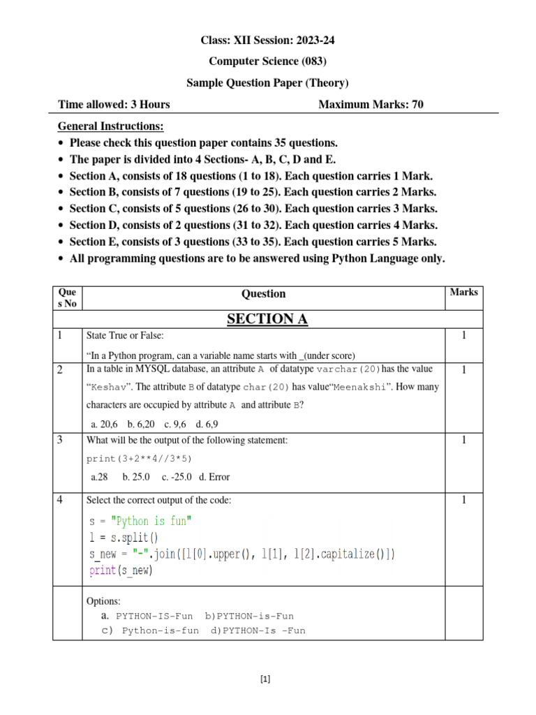 NCS - Computer Science Practical-Sample Paper-29-12-2023 | PDF | Table (Database) | String ...