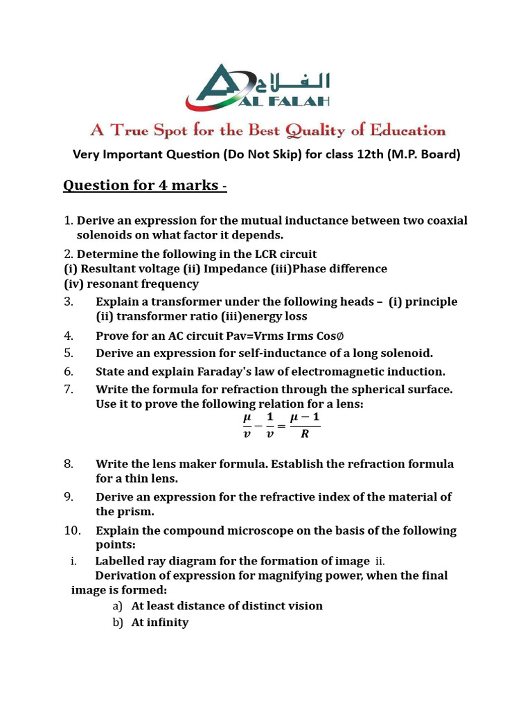 12th PHY Imp | PDF | Magnetic Field | Inductance