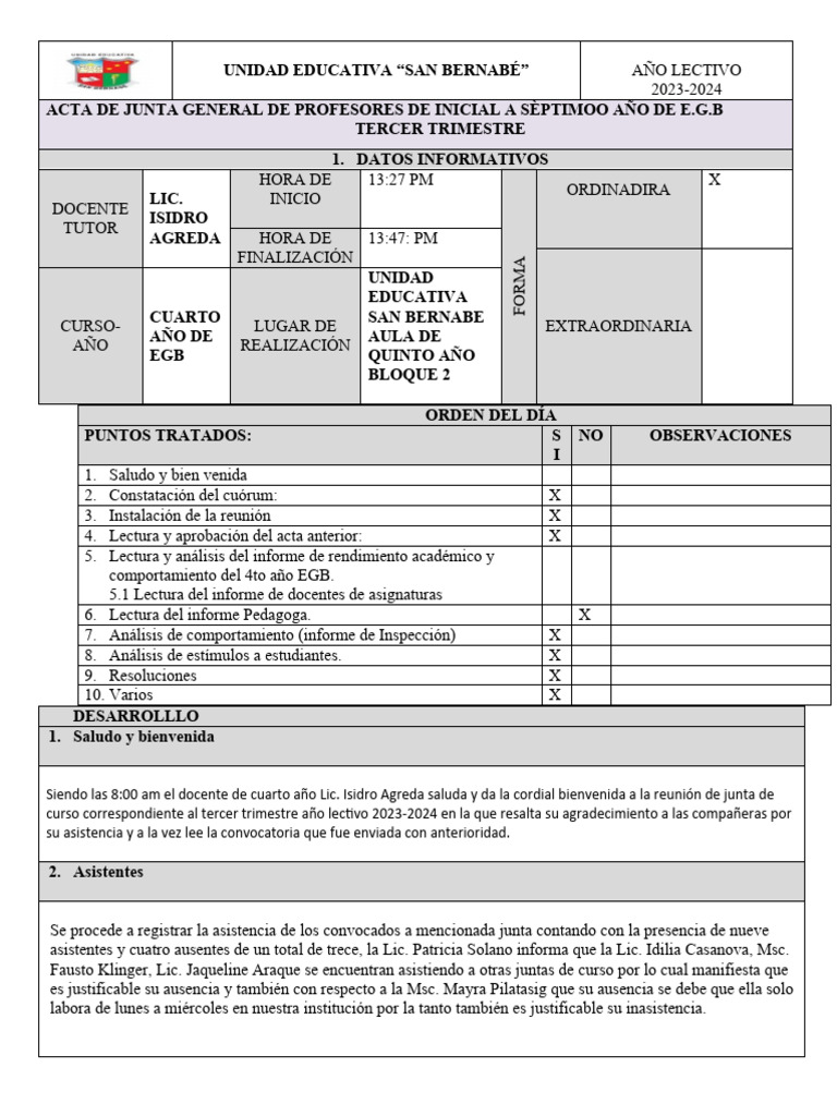Acta Del Tercer Trimestre Cuarto Año | PDF | Maestros | Cognición