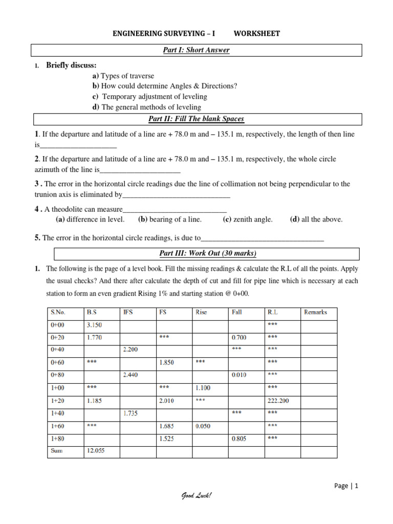 Surveying-I Worksheet, 2015 | PDF