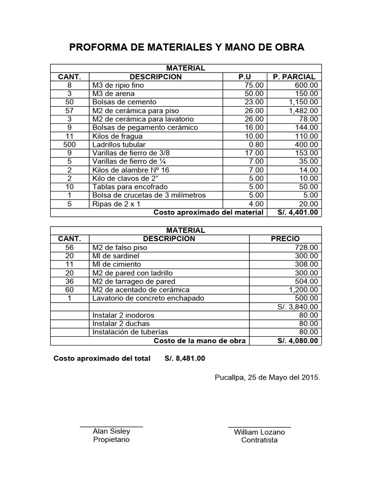 Proforma de Materiales y Mano de Obra | PDF | Materiales | Producción y ...