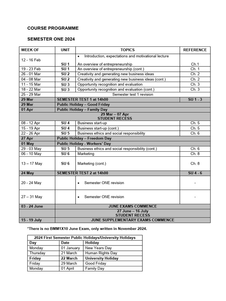 BMM1X10 Course Schedule - 2024 | PDF | Academic Term | Business