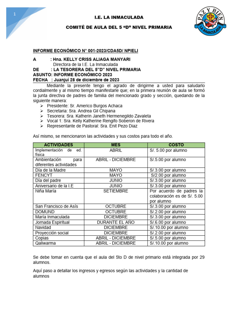INFORME ECONÓMICO 2023 - 5to de Primaria | PDF