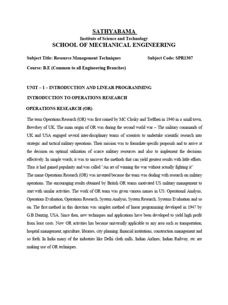 Unit 1-RMT | PDF | Mathematical Optimization | Linear Programming