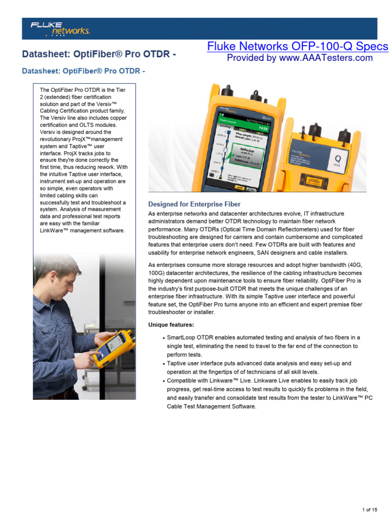 Fluke Networks Ofp-100-Q Specifications Spec Sheet | PDF