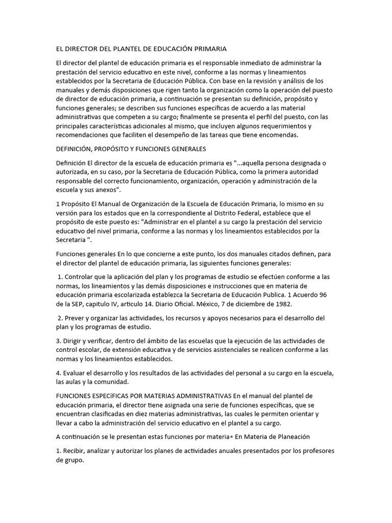 Funciones del Director Escolar en Primaria | PDF | Maestros | Educación ...
