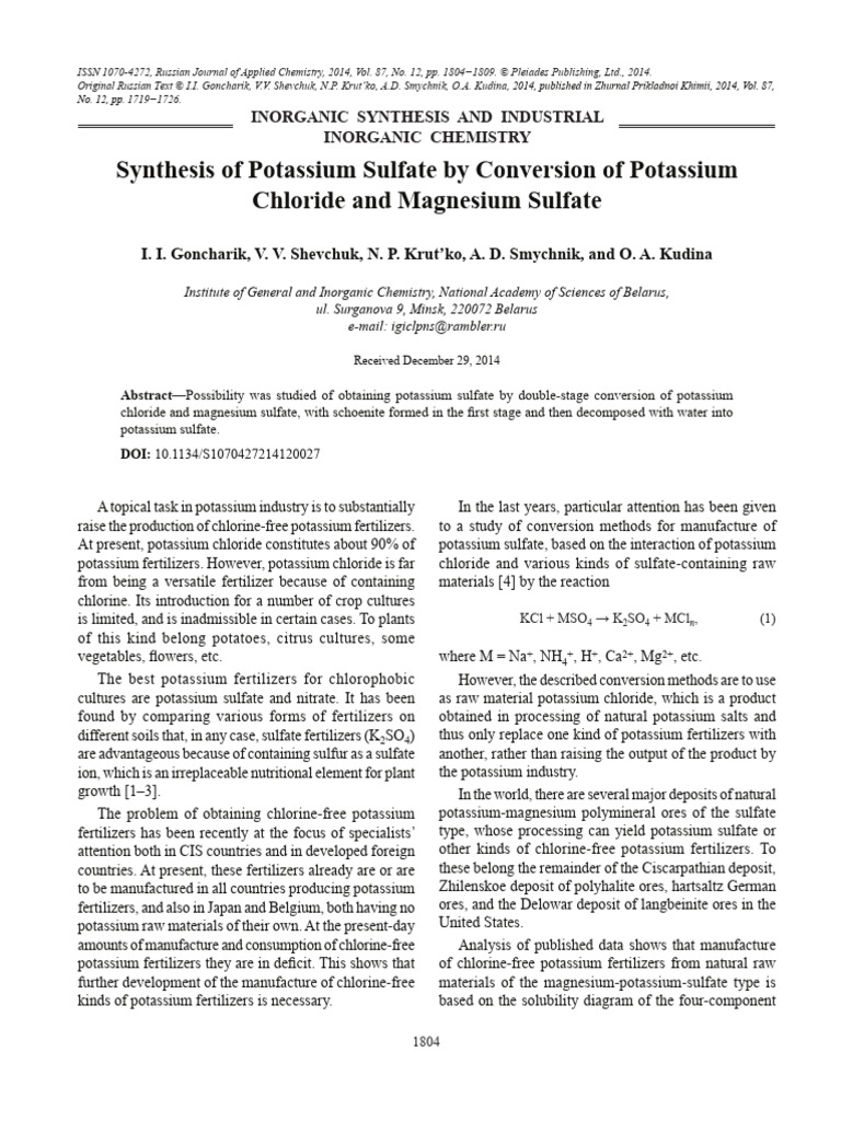 Synthesis of Potassium Sulfate by Conversion of Potassium Chloride and ...