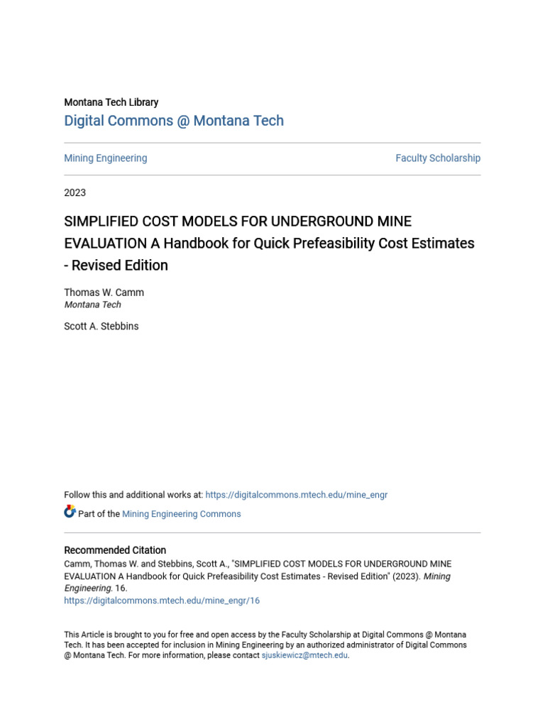 SIMPLIFIED COST MODELS FOR UNDERGROUND MINE EVALUATION A Handbook | PDF | Science & Mathematics ...