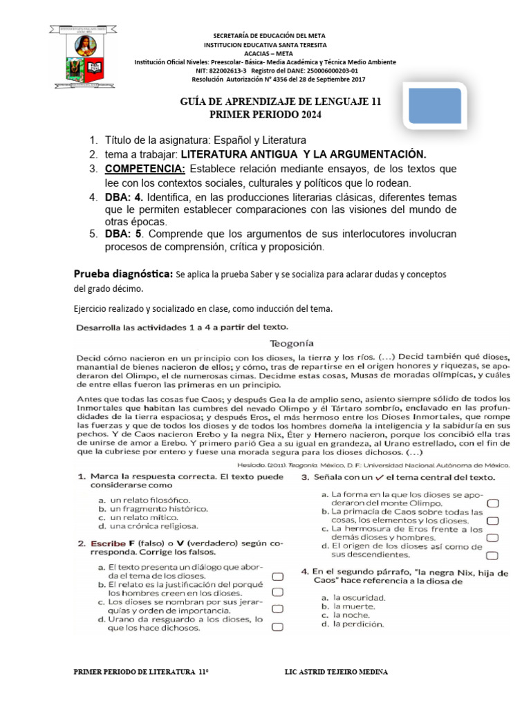 Guía de Aprendizaje de Lenguaje 11 | PDF | Antigua Grecia | Mitología ...