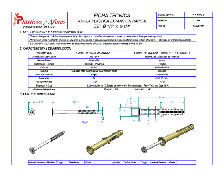 Ficha Tecnica Ancla Diam.6.35x57.15 | PDF | Tornillo | Ingeniería de ...