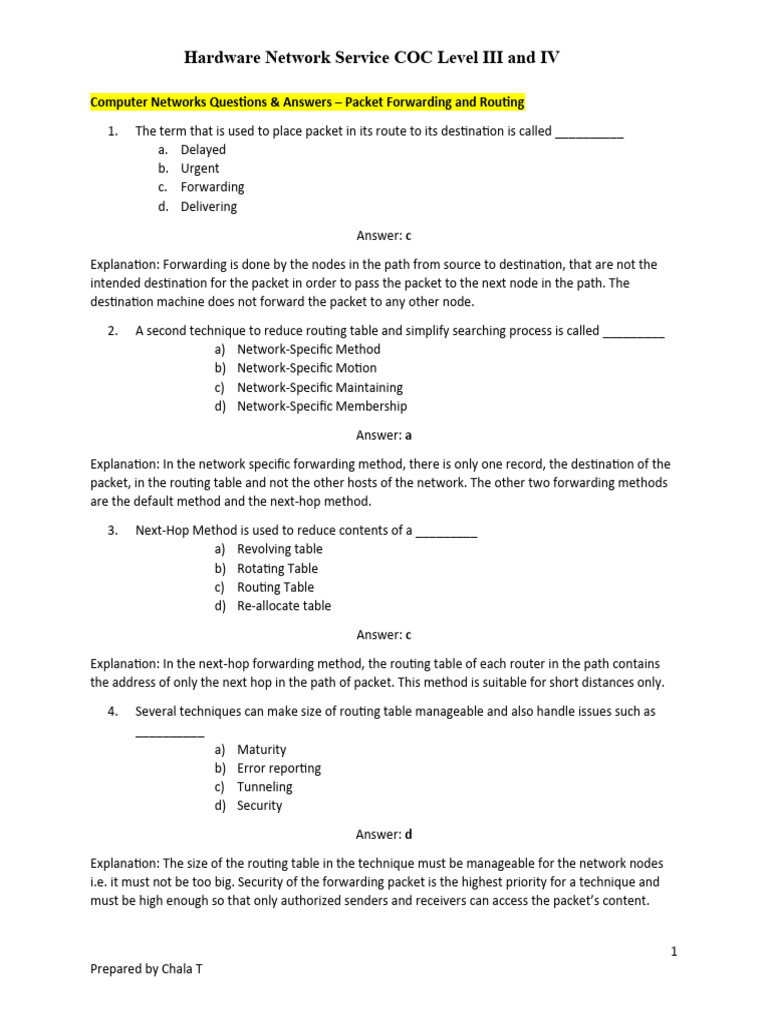 Hardware Network Service COC Level III and IV: Computer Networks Questions & Answers - Packet ...