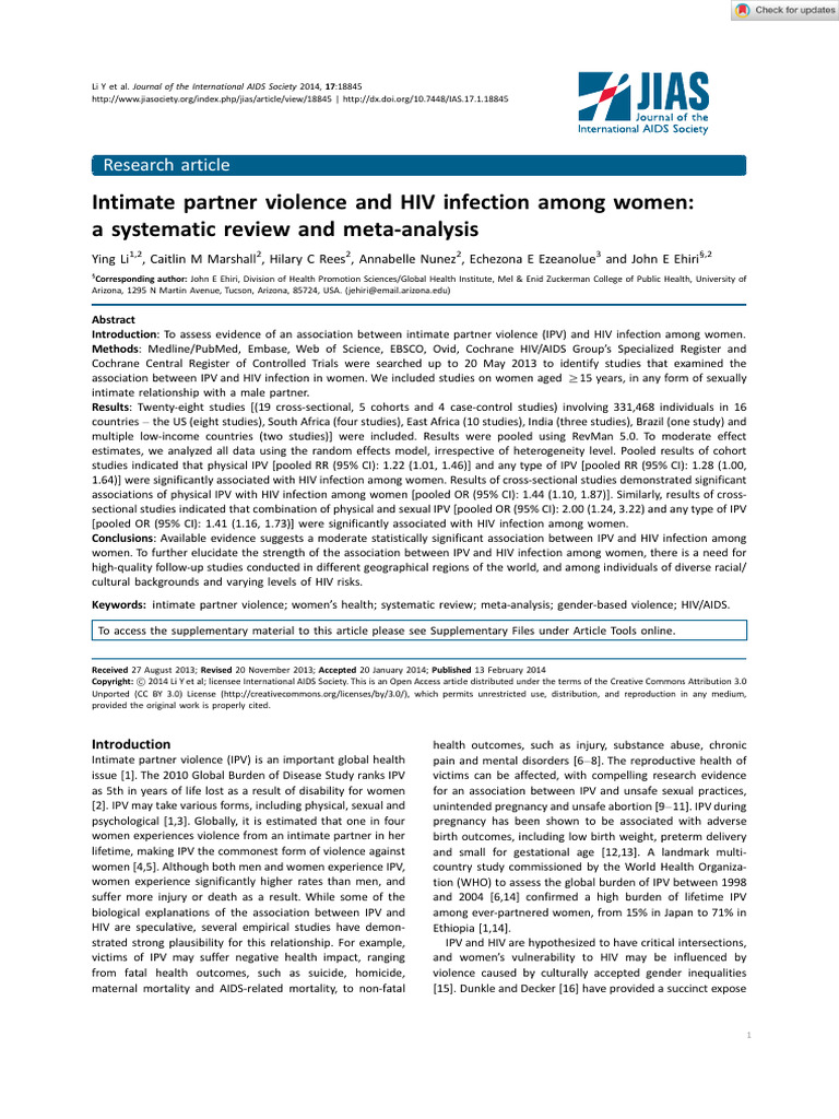 Intimate Partner Violence And Hiv Infection Among Women A Systematic