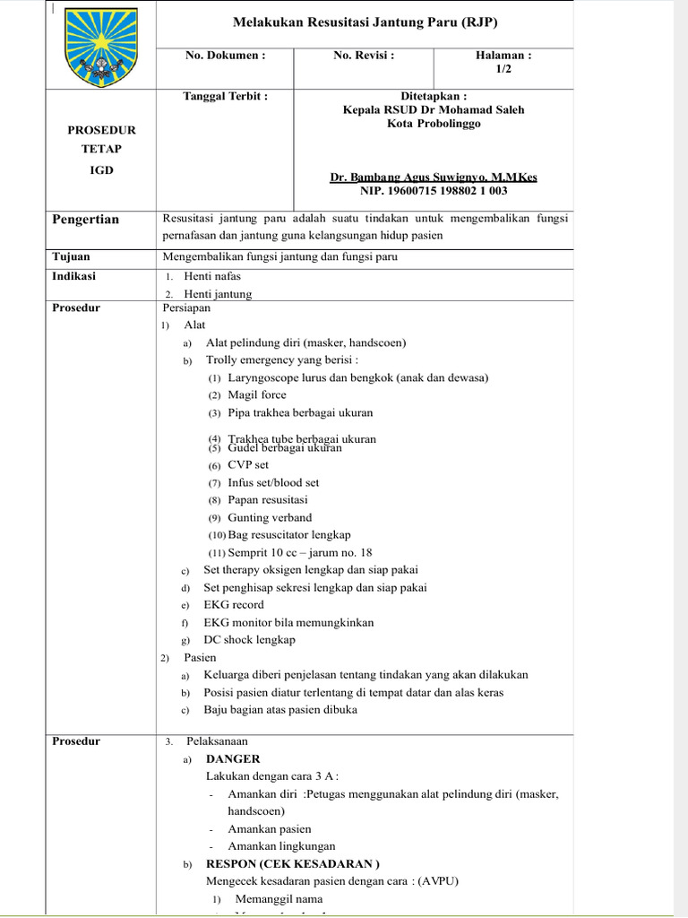 SOP Resusitasi Jantung Paru (RJP) | PDF