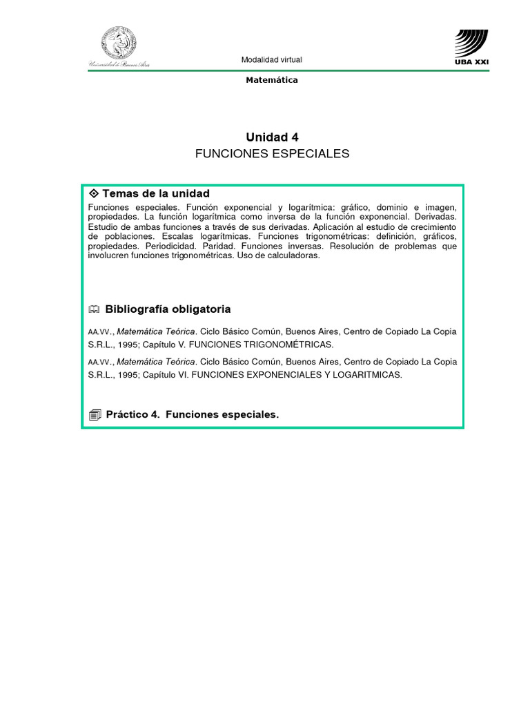 Funciones Especiales: Unidad 4 | PDF | Logaritmo | Funcion exponencial