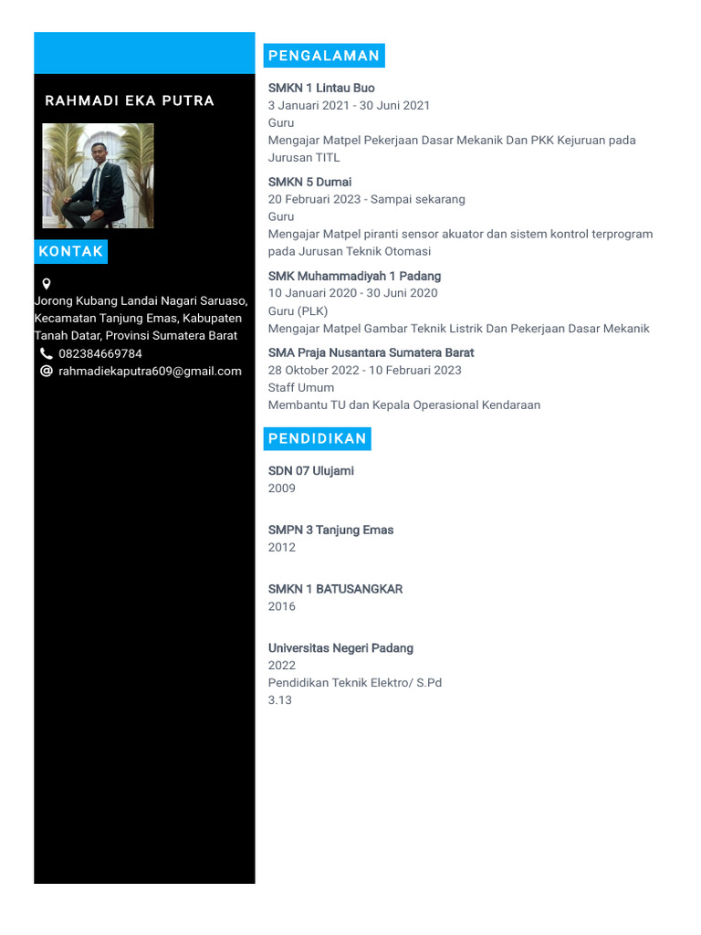 Pengalaman dan Pendidikan Rahmadi Eka Putra | PDF | Teknologi & Rekayasa