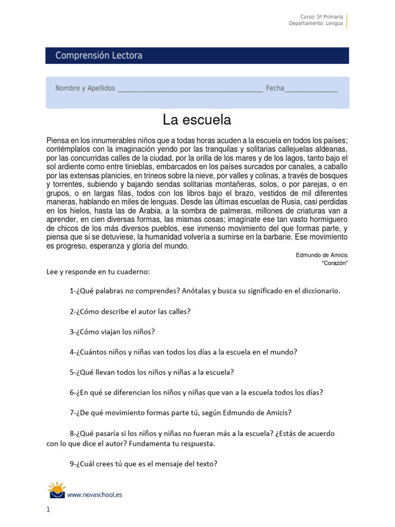 Comprensión Lectora La Escuela. | PDF