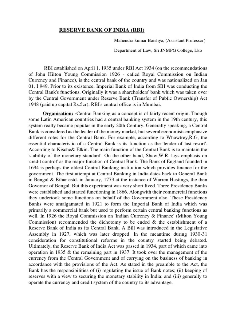 Reserve Bank of India | Download Free PDF | Reserve Bank Of India | Banks