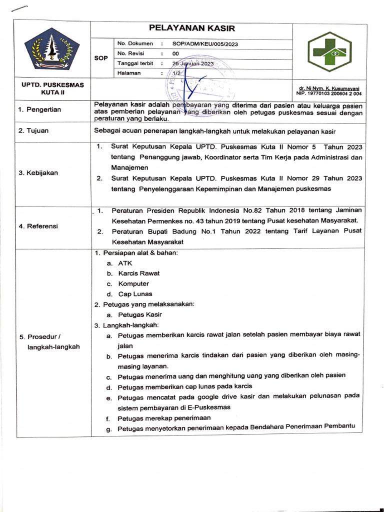 SOP Pelayanan KASIR | PDF