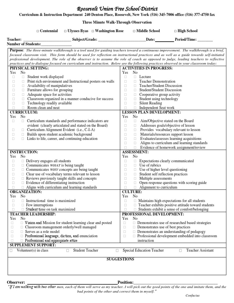 FINAL 3 Minute Walk Through Template 3-23-10 | PDF | Teachers | Curriculum